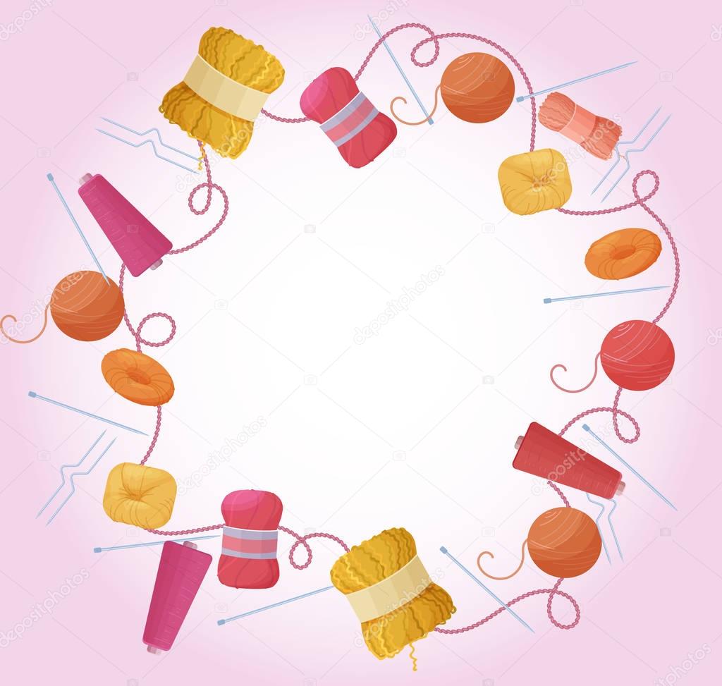 Handmade or knitting background with frame of yarn skeins, knitting ...