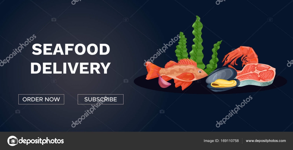 Seafood delivery banner with colorful icons of fish, mussels, sa Stock ...