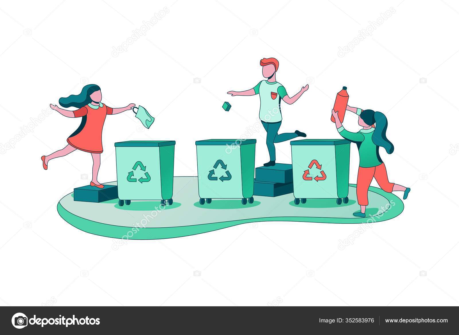 Garbage sorting concept, kids throwing trash into container, ecology ...