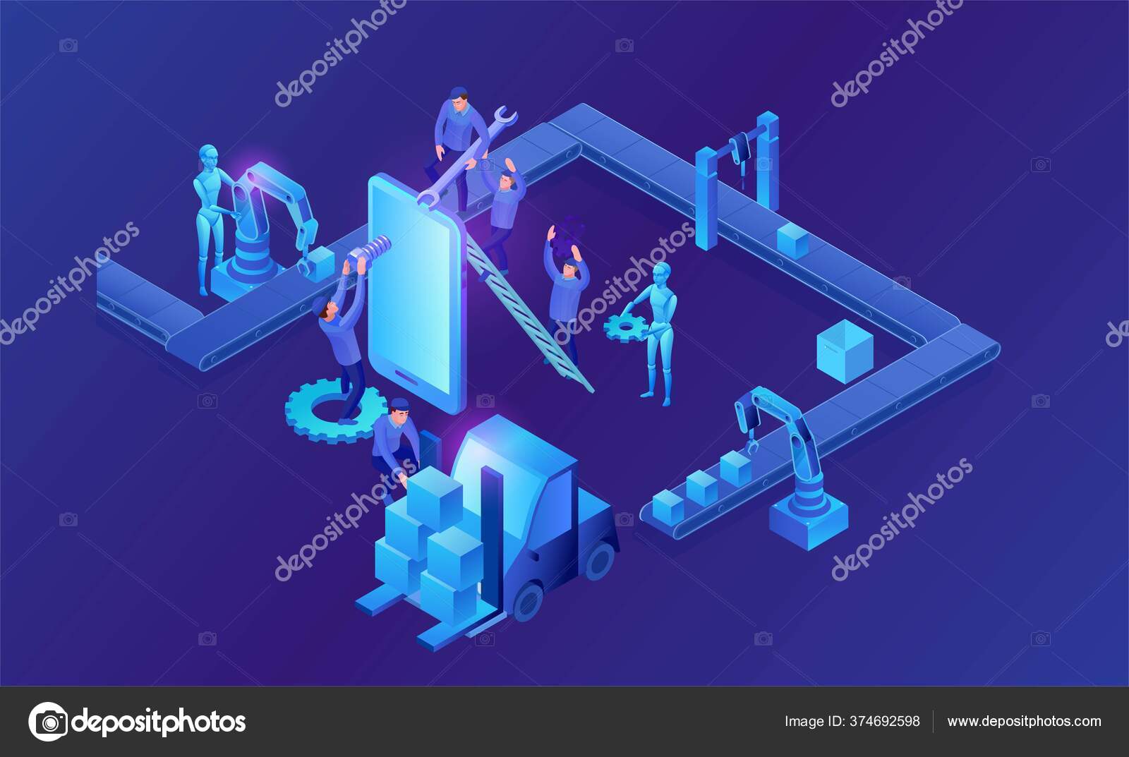 Assembly line isometric vector 3d illustration with people and robots ...