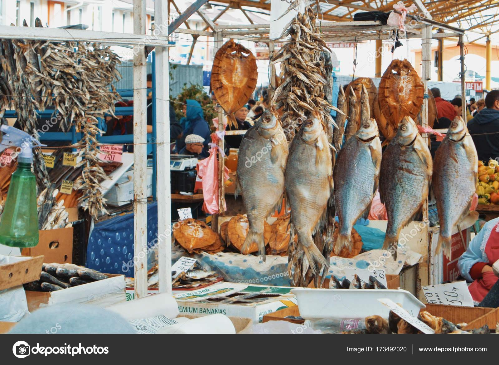 ODESSA, UKRAINE - OCTOBER 14, 2017: Plenty of dried fish of diff ...