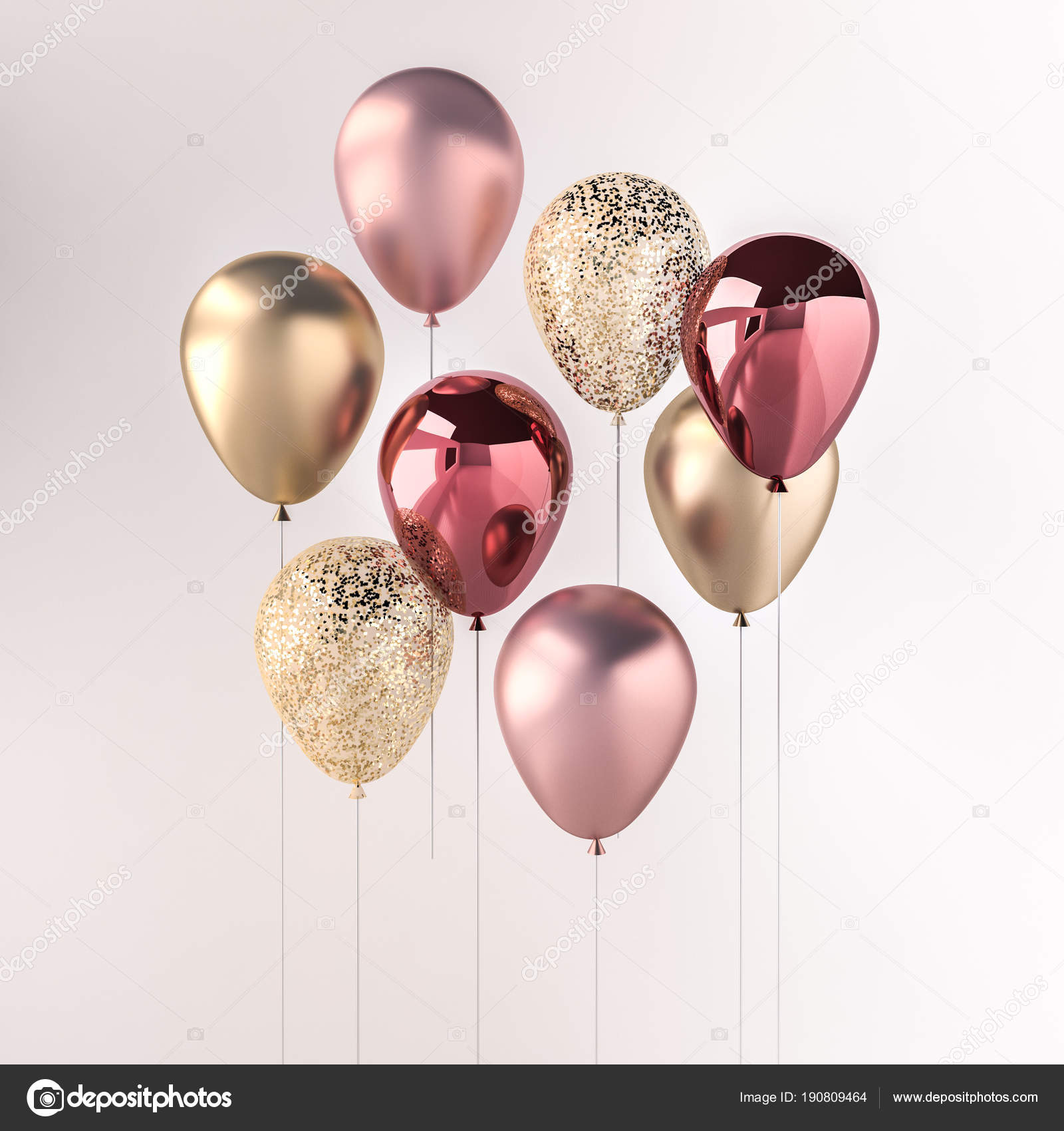 Set Pink Golden Glossy Balloons Stick Sparkles White Background Render ...