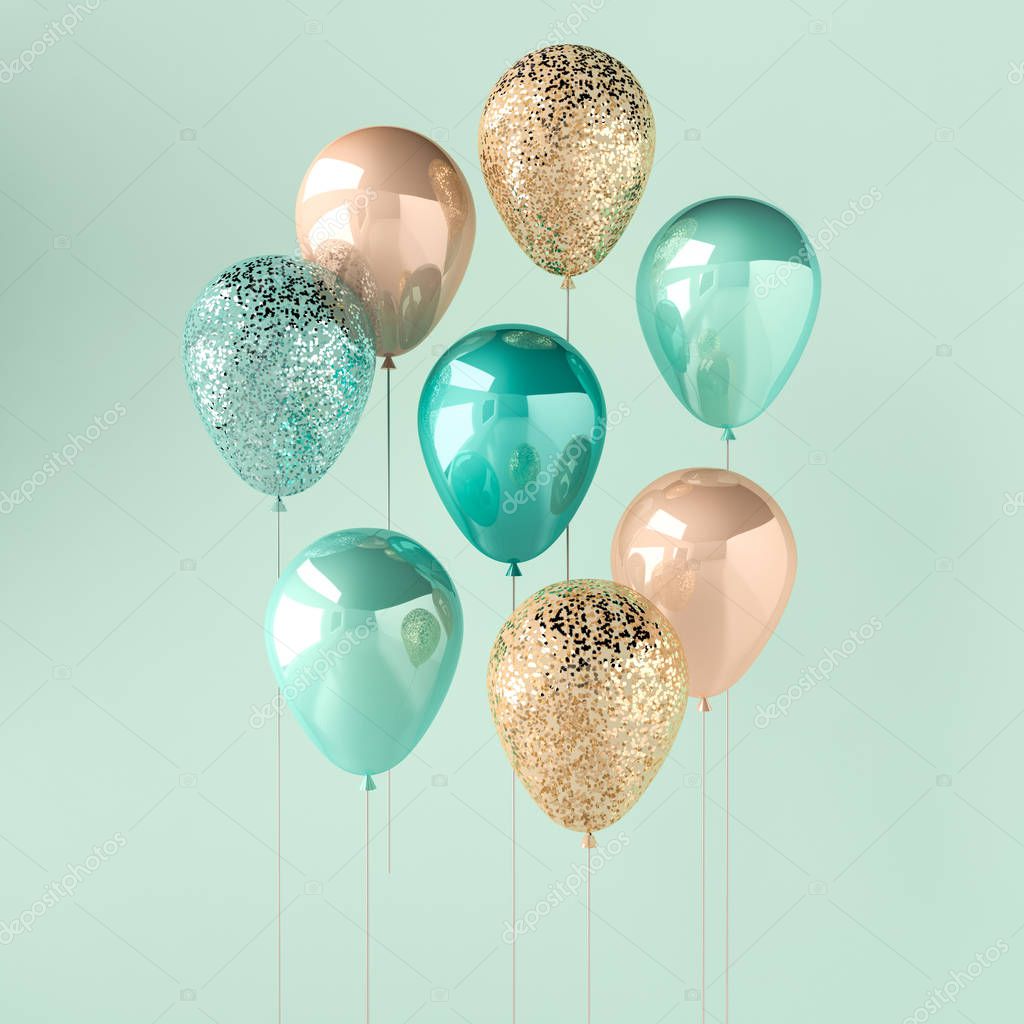 Conjunto de globos turquesas y doradas brillantes en el palo con ...