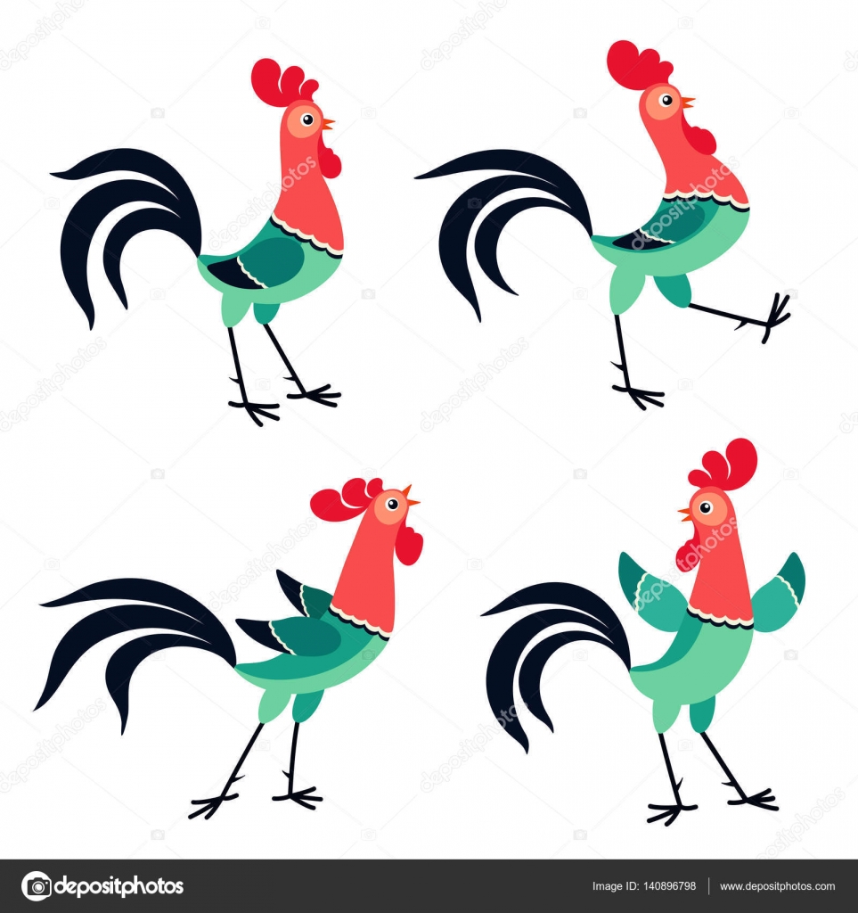 Set of cartoon rooster in various poses isolated on white backgr Stock ...
