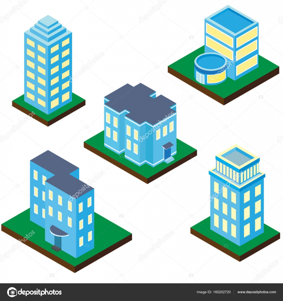 Collection of buildings and houses in an isometric projection Stock ...