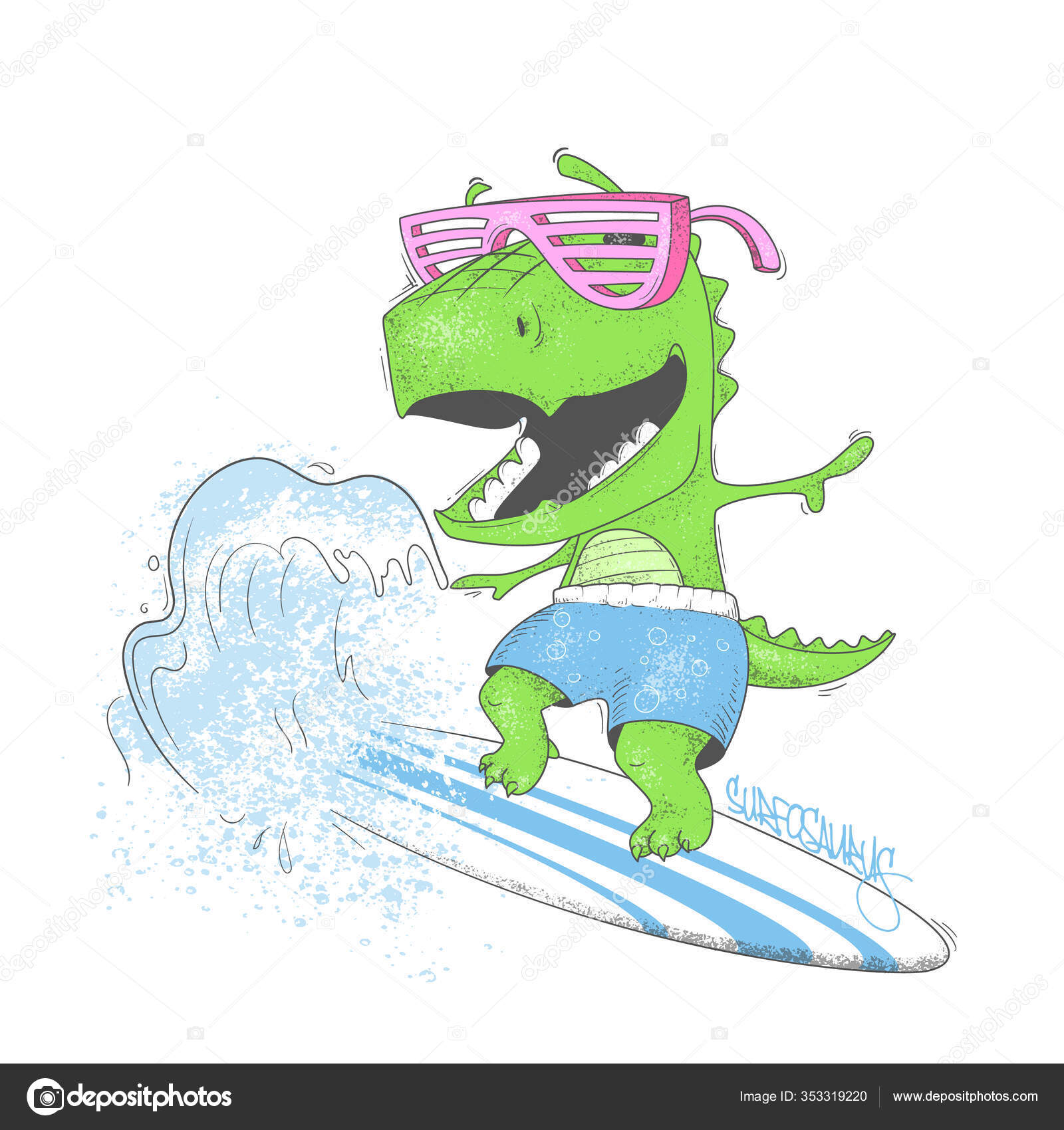 Dinosaur surfer ride the wave, on surfboard. Vector illustration. Stock ...