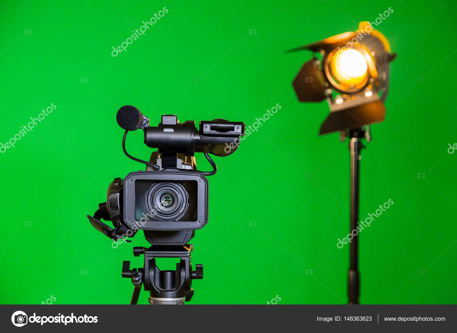 A video camera and a spotlight with a Fresnel lens on a green ...