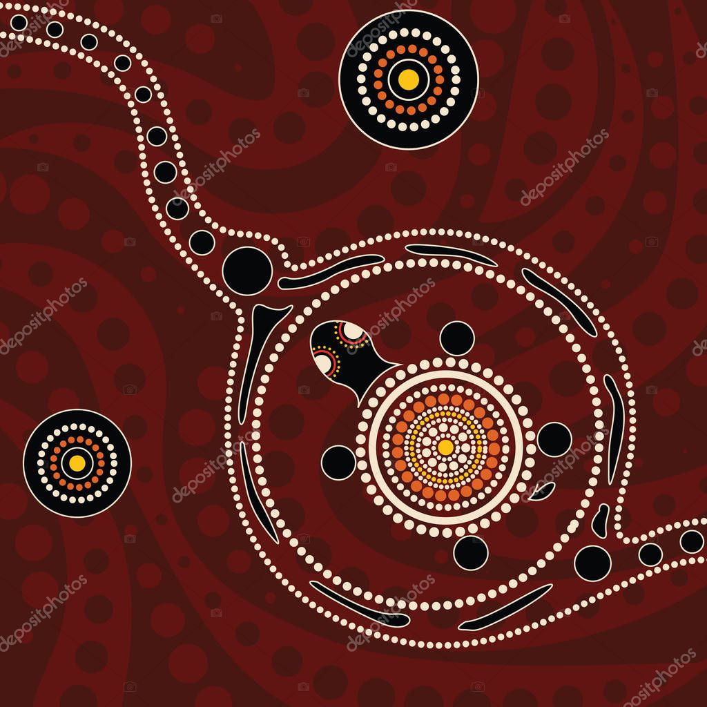 Pintura artística de punto aborigen con tortuga. Ilustración basada en ...
