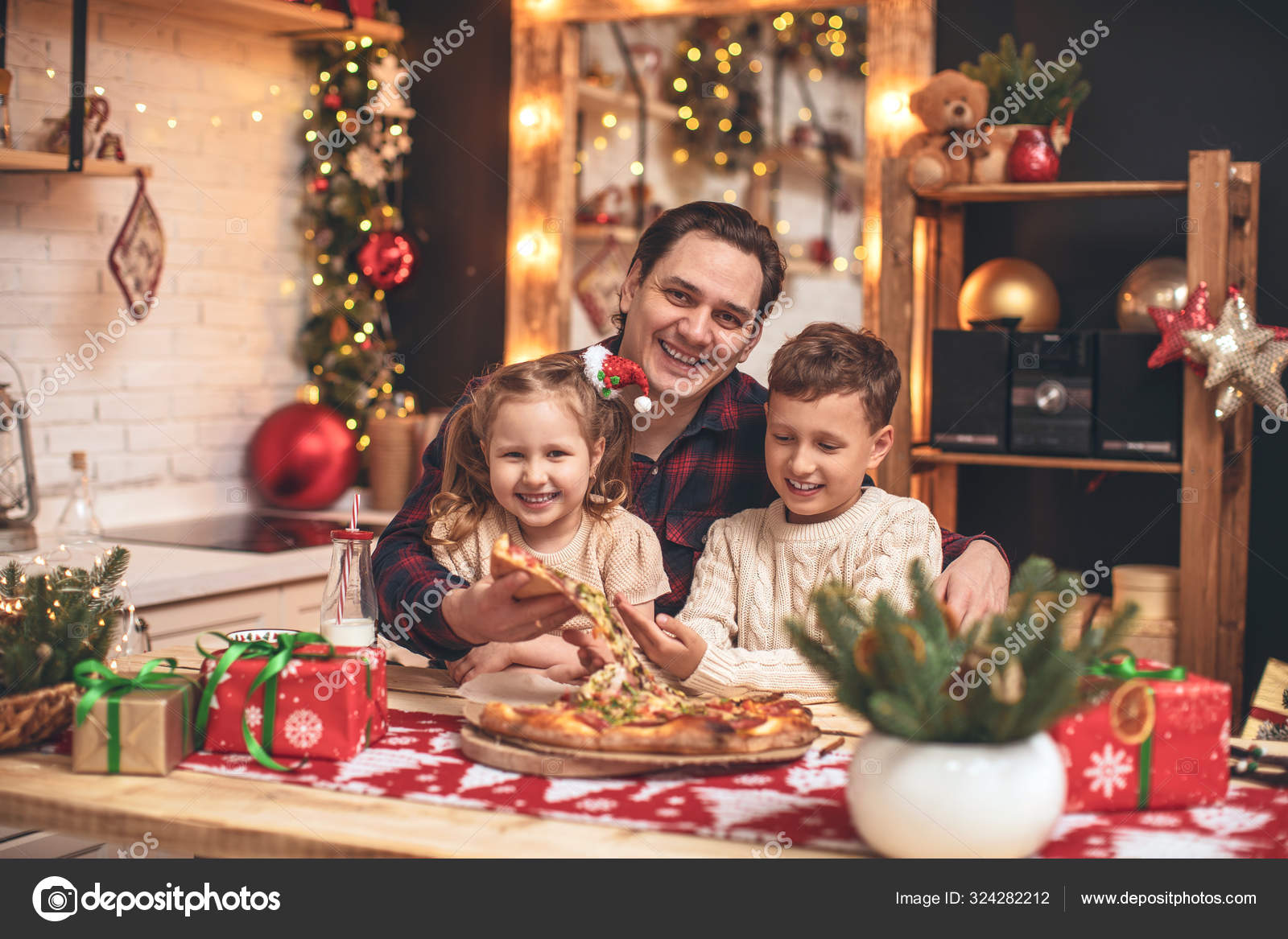 Funny kids with dad eating pizza Stock Photo by ©Alexander_Safonov ...