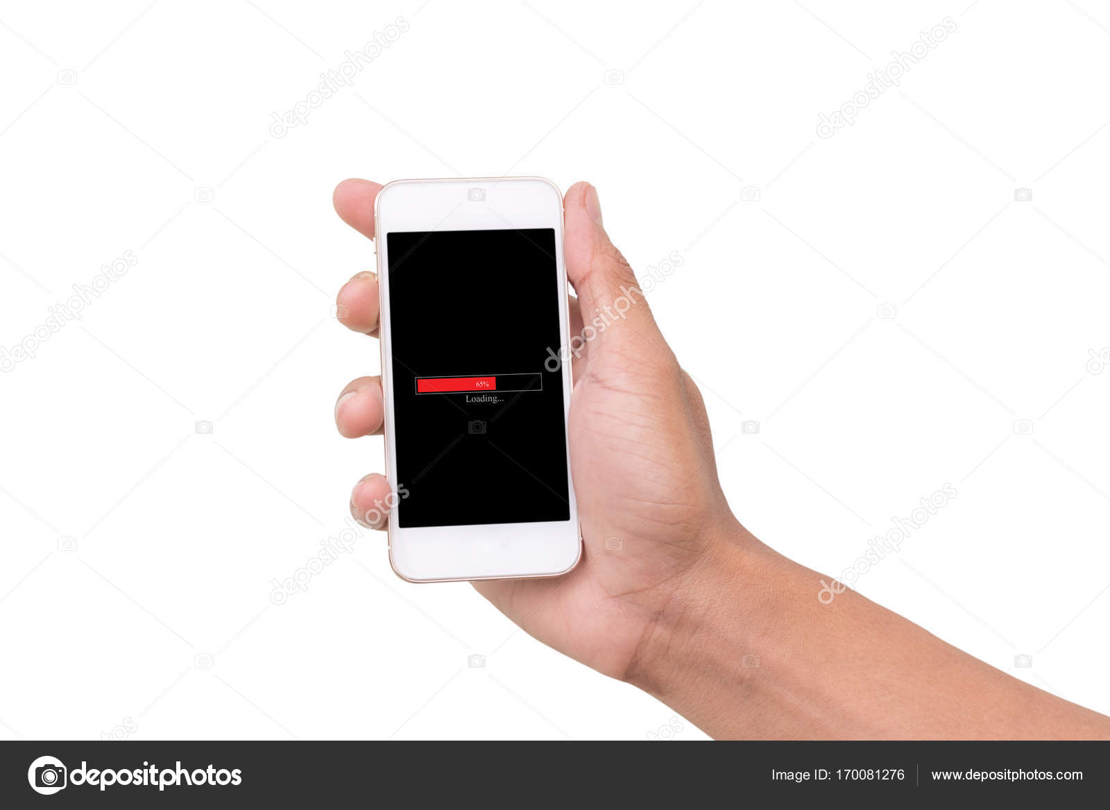 Hand holding mobile phone with written loading on white background ...