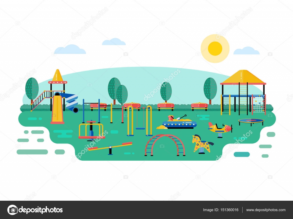 Kids playground vector landscape in flat design. Children play a ...