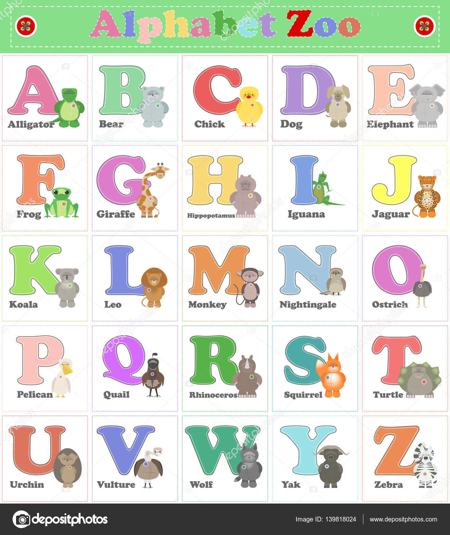 Alphabet Zoo, funny plush animals. English alphabet. Vector cartoon ...