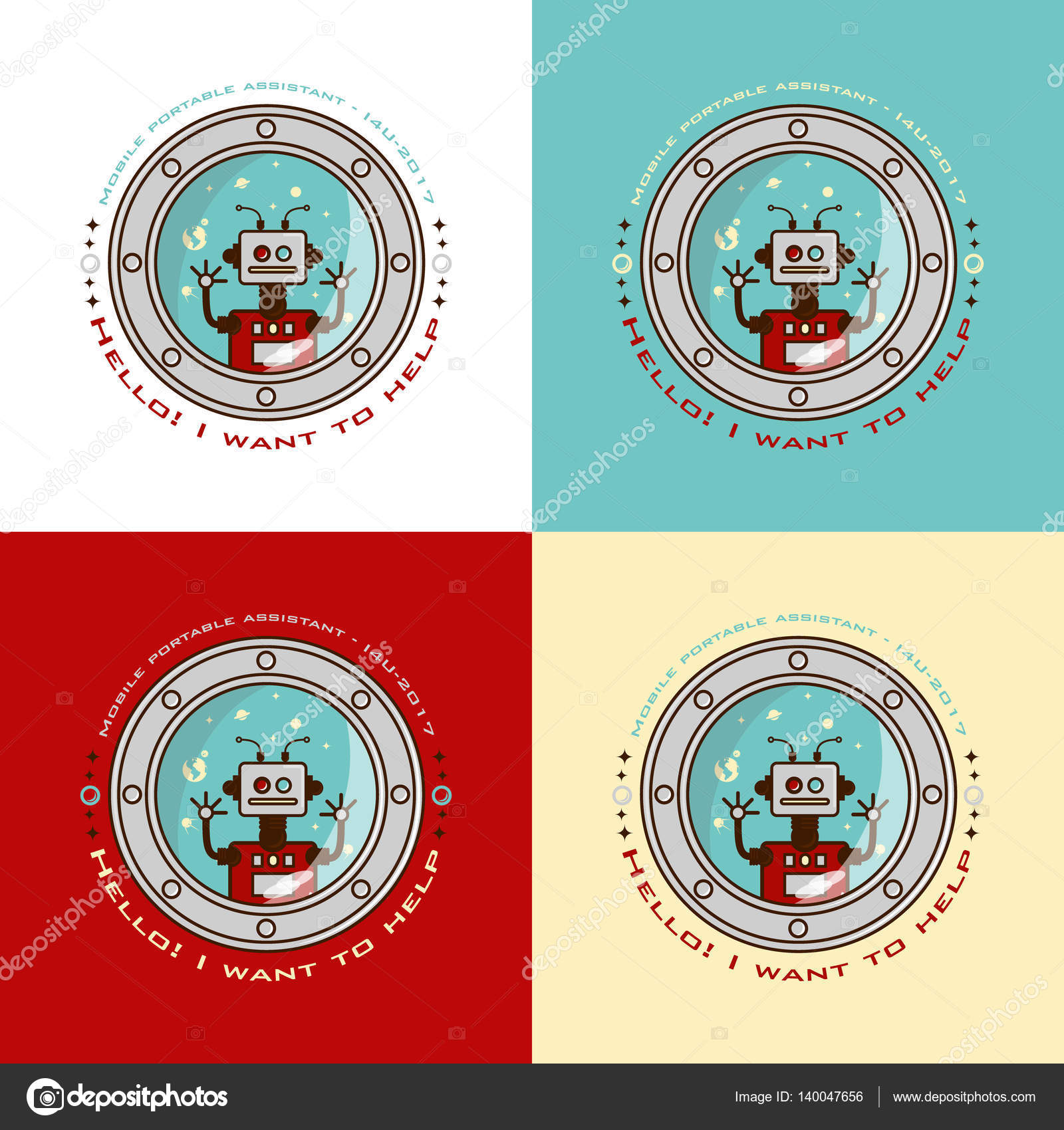Set of colorful logos, robot, assistant in the space. I want to help ...