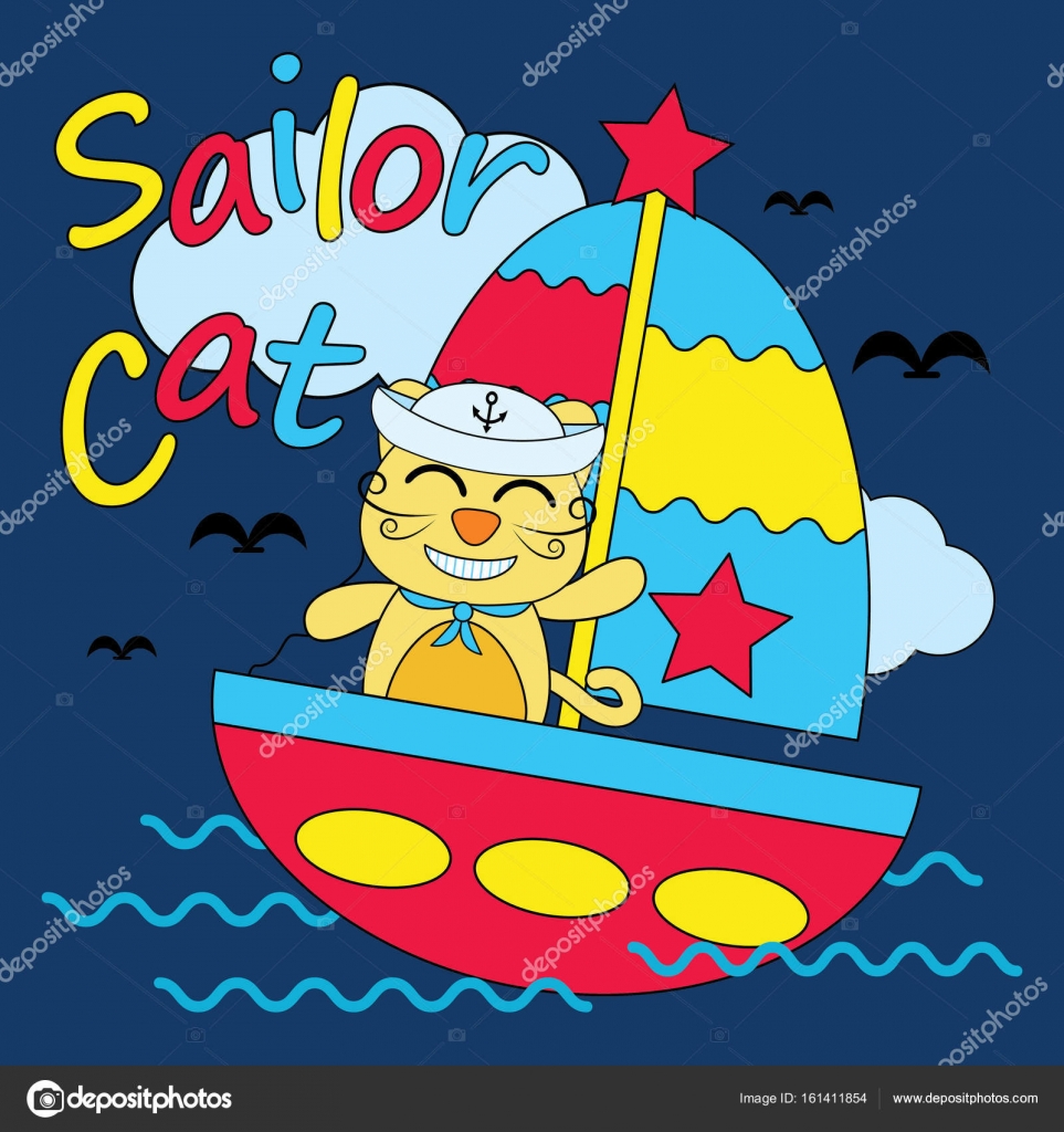 Vector cartoon illustration of cute cat as sailor man on the sea ...