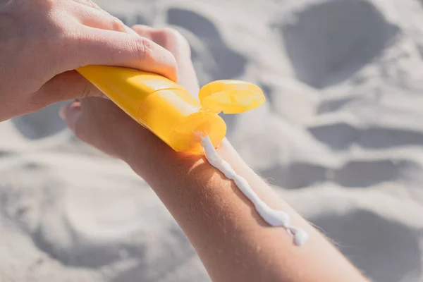 Human Hand Sun Protection Cream Tube Concept Protecting Skin Sun Stock ...