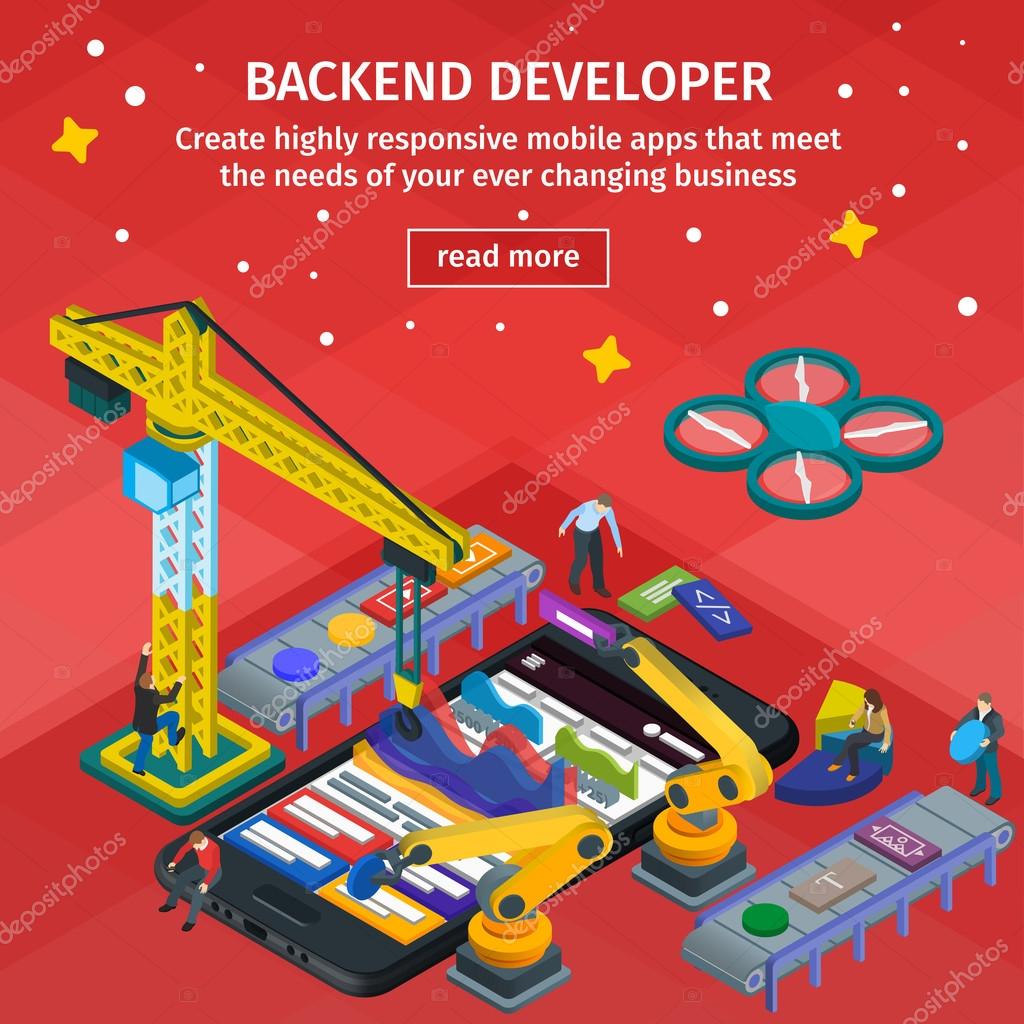 Developing mobile applications flat 3d isometric style. People working ...