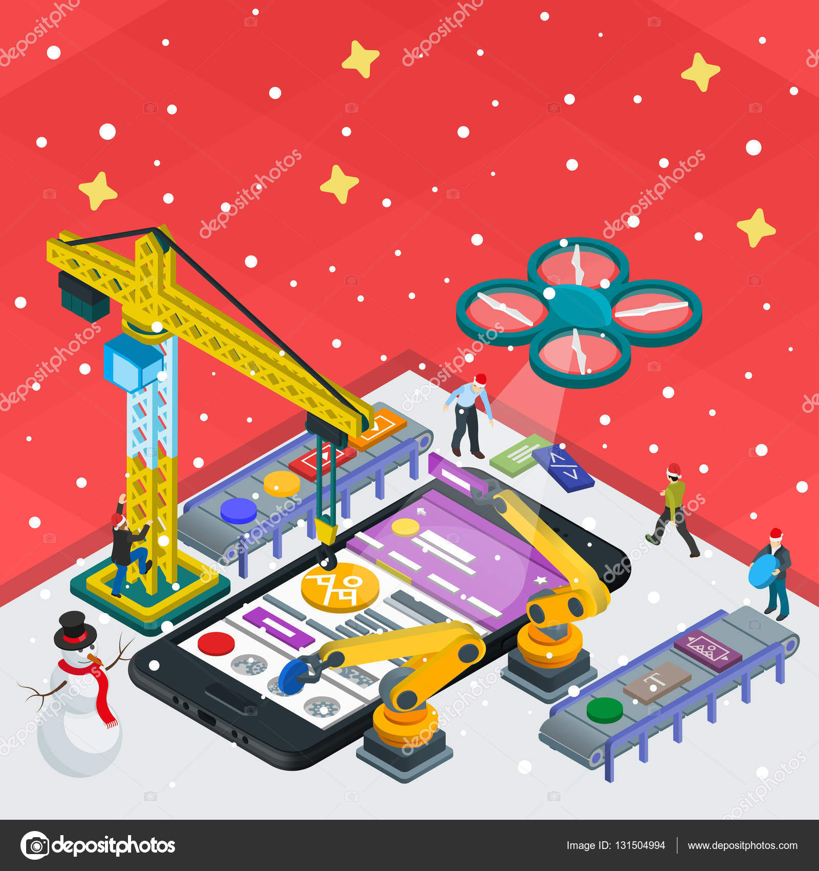 Developing mobile app flat 3d isometric style. People working on startup. Red web design ...