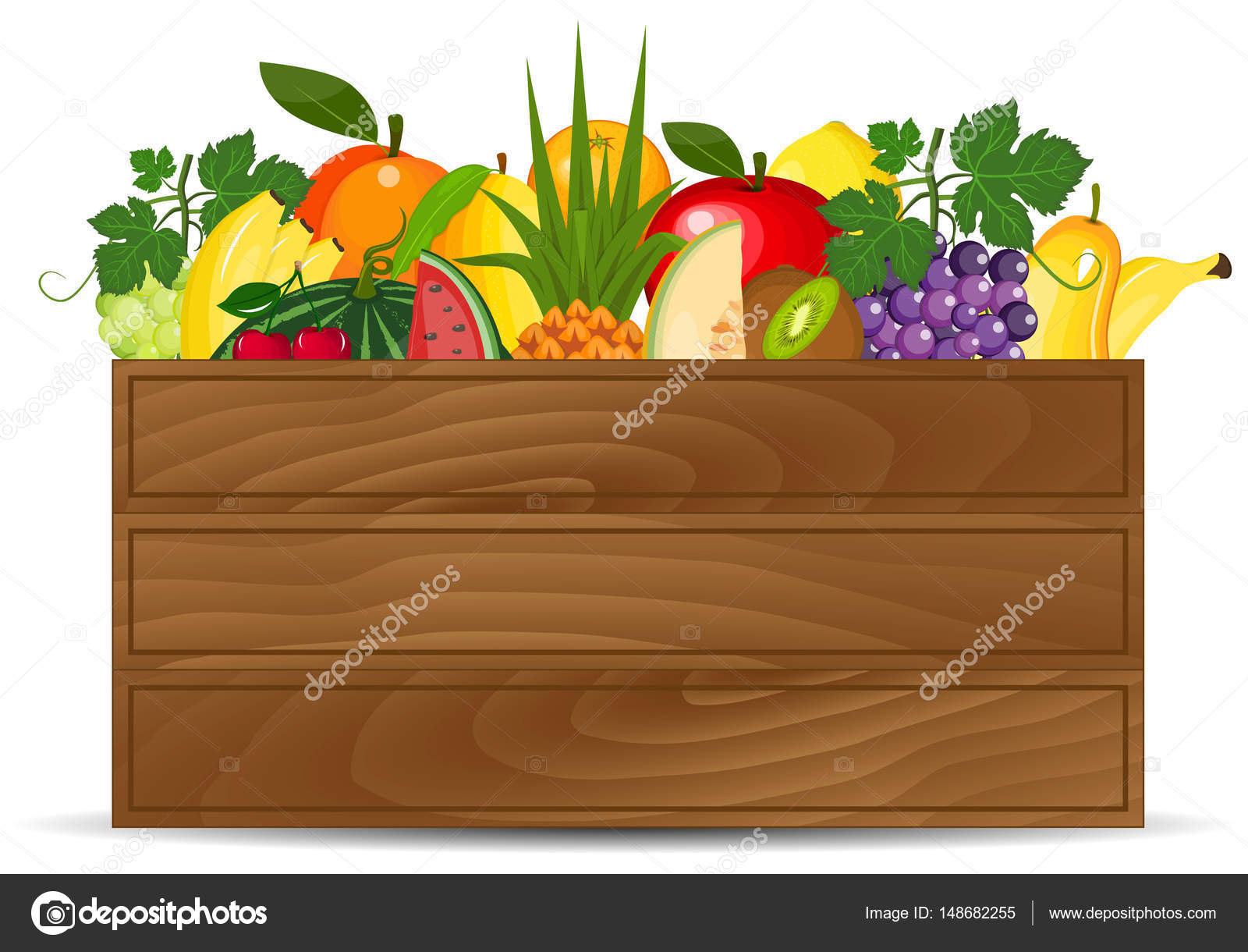 Fresh fruits in a box illustration. Healthy fruits and vegetarian food ...