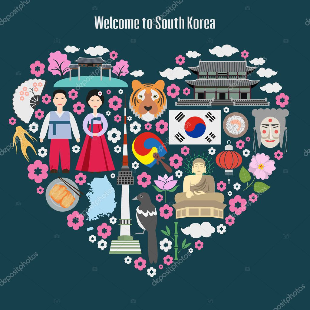 Cartel colorido con símbolos de Corea del Sur. 2022