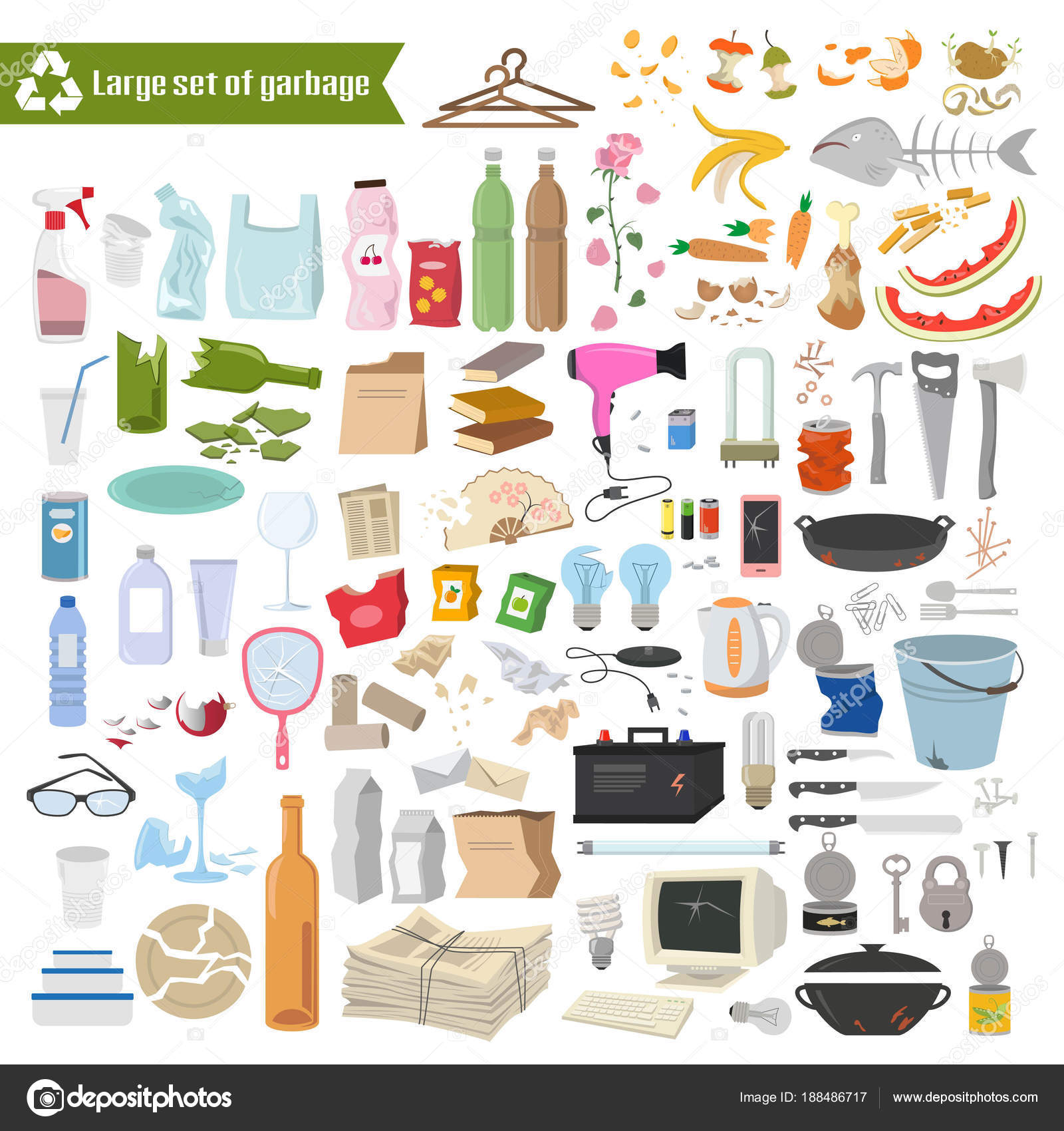 Large set of garbage on white background. Stock Vector Image by ...