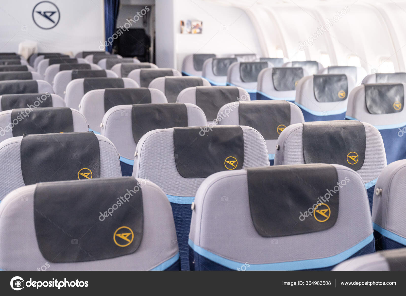 Frankfurt Germany 18.11.19 Condor Air airplane interior seat rows with ...