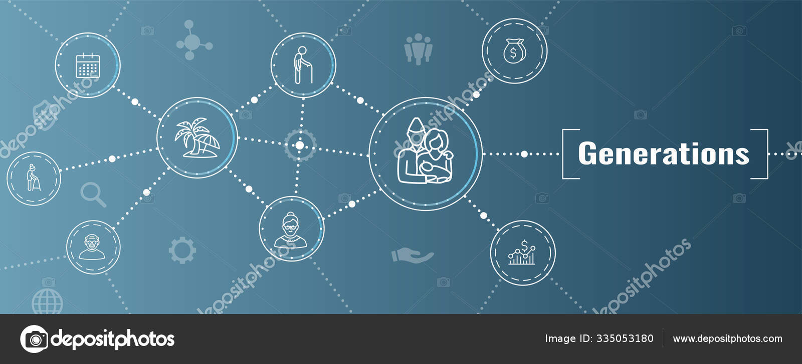 Generaciones y Envejecimiento Web Header Banner y conjunto de iconos ...