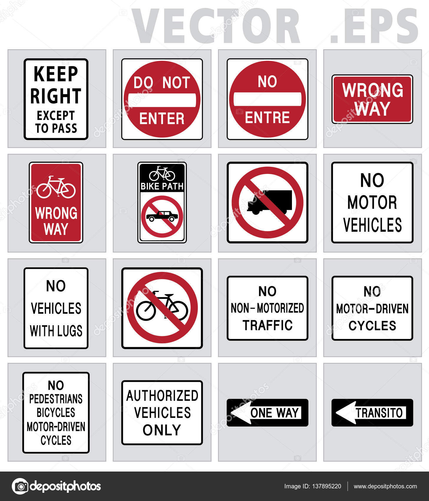 Traffic road sign set. Keep right, No Entre, Wrong way, One Way. Vector ...