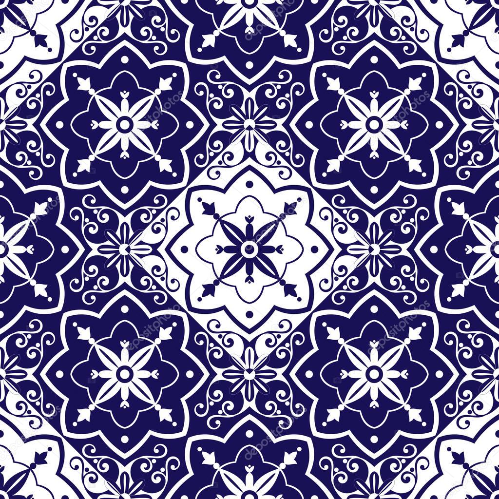 Azulejos vector patrón con adornos diagonales de ajedrez azul y blanco ...