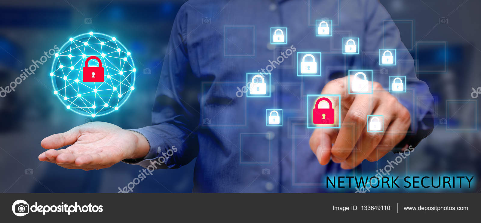 Cyber security network concept, Young asian man holding global n Stock ...