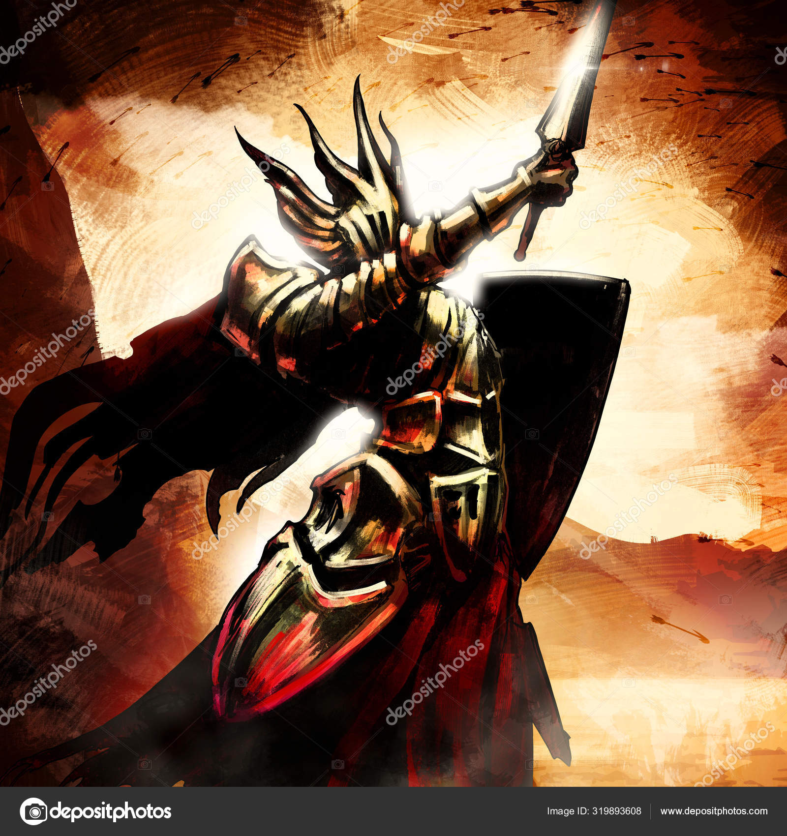 General Knight Golden Armor Sword Shield Torn Pleso Gives Command Stock ...