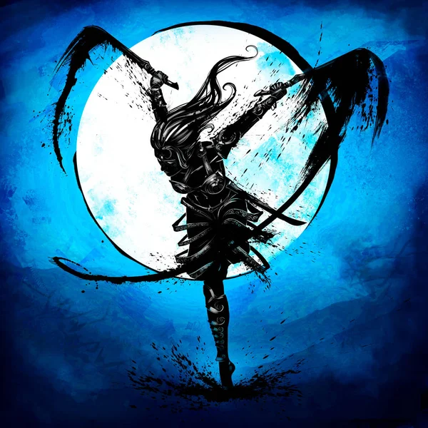 Graceful Warrior Girl Two Swords Epic Pose Makes Double Cut ⬇ Stock ...