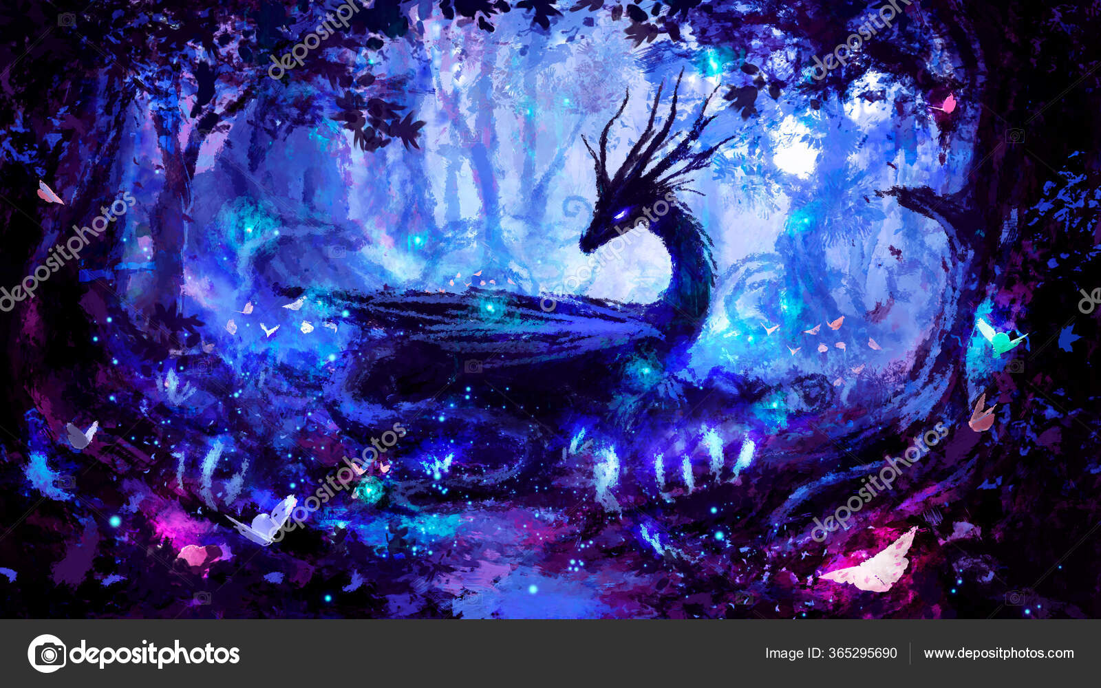 Beautiful Black Dragon Night Forest Peacefully Lying Clearing ...