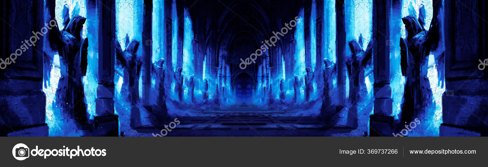 Dark Night Corridor Assembled Many Statues Angels Wall Everything Lit ...