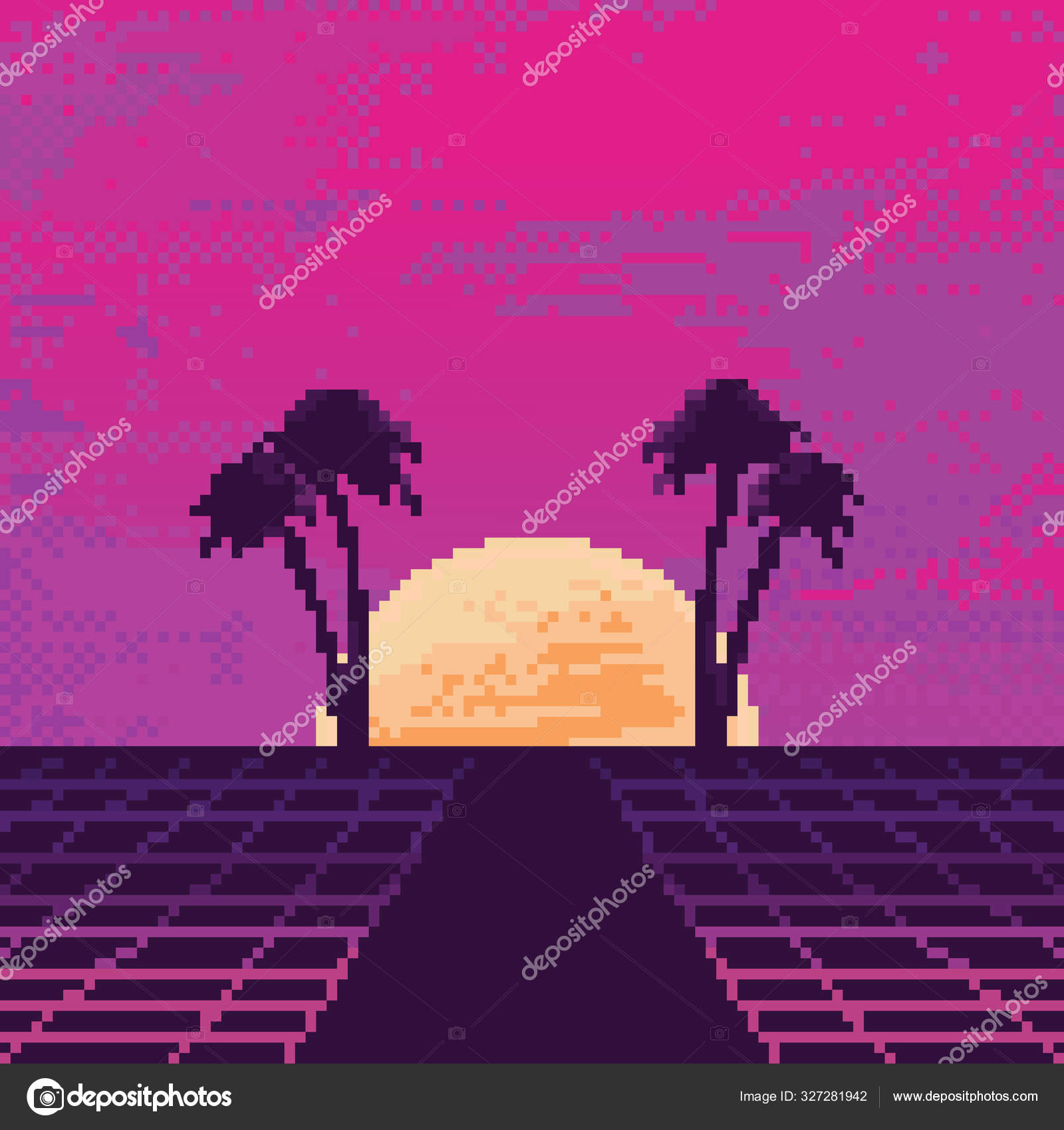 Vector Pixel Art 80S Retro Sci Background Synthwave Vaporwave Retrowave ...