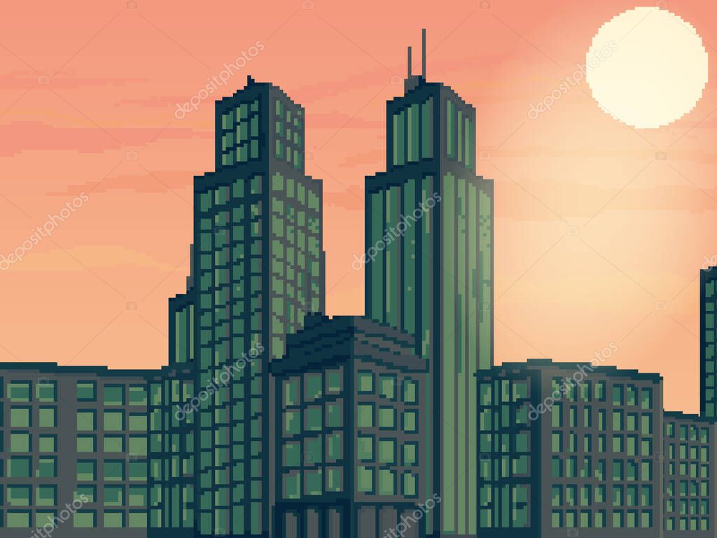 Vector illustration of pixel art city. Pixel art retro futuristic ...