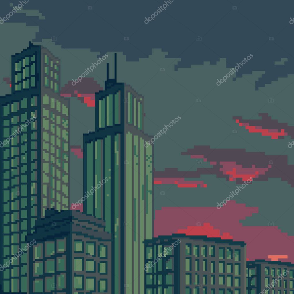 Fondo De Ciudad En Pixel Art Paisaje De Arte De Píxeles. Vista De La