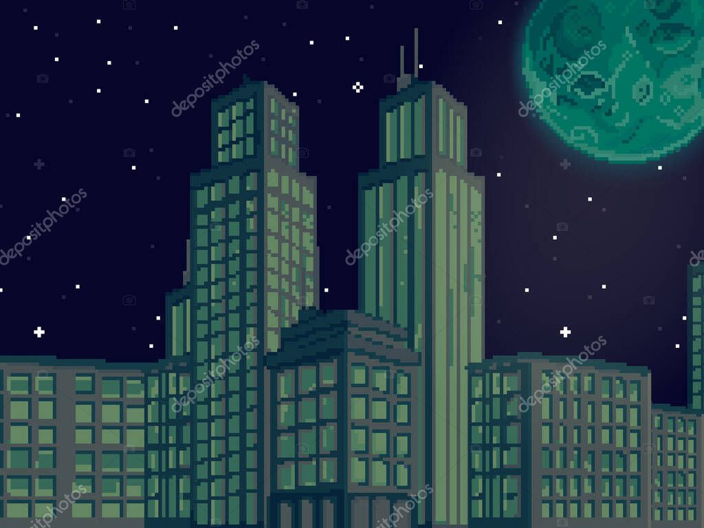 Vector illustration of pixel art city. Pixel art retro futuristic ...