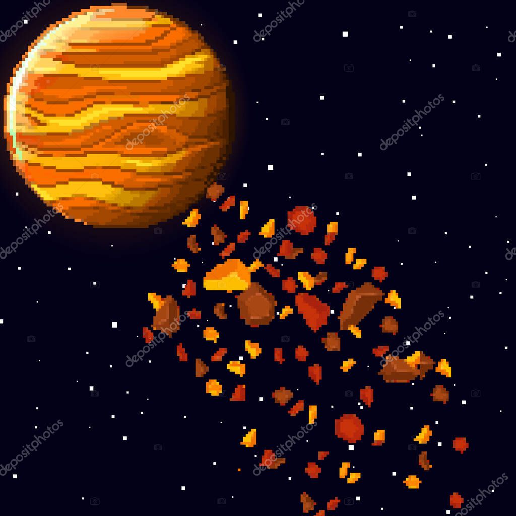 Pixel art planet in space with asteroids. Retro game design interface ...