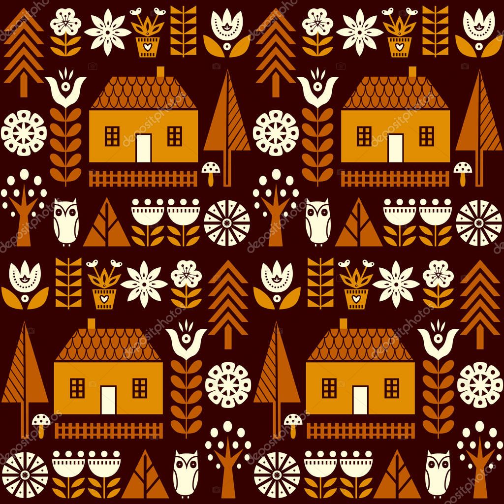 Arte popular escandinavo patr n de vectores sin costuras con flores, rboles, setas, b hos, casas ...