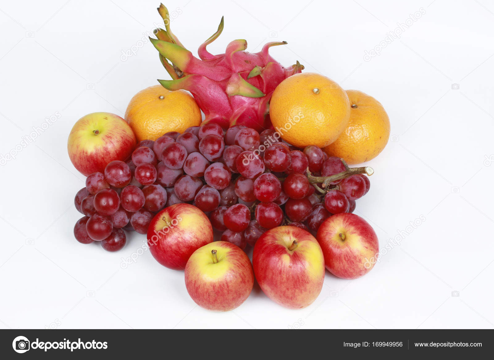 Mixed fruits as Red seedless grapes,orange,apple,Dragon fruit,Ja Stock ...
