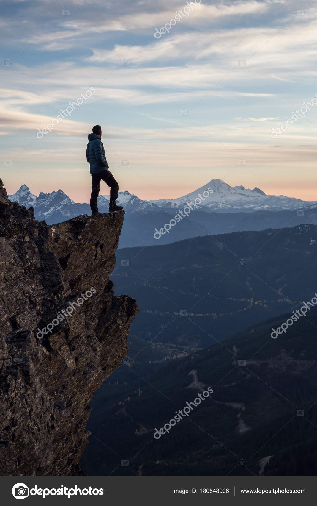 Adventurous Man Standing Top Mountain Enjoying Beautiful View Vibrant ...