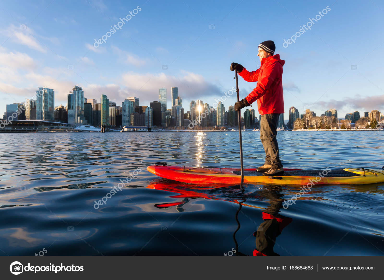 Adventurous Man Paddle Boarding Downtown City Vibrant Winter Sunrise ...