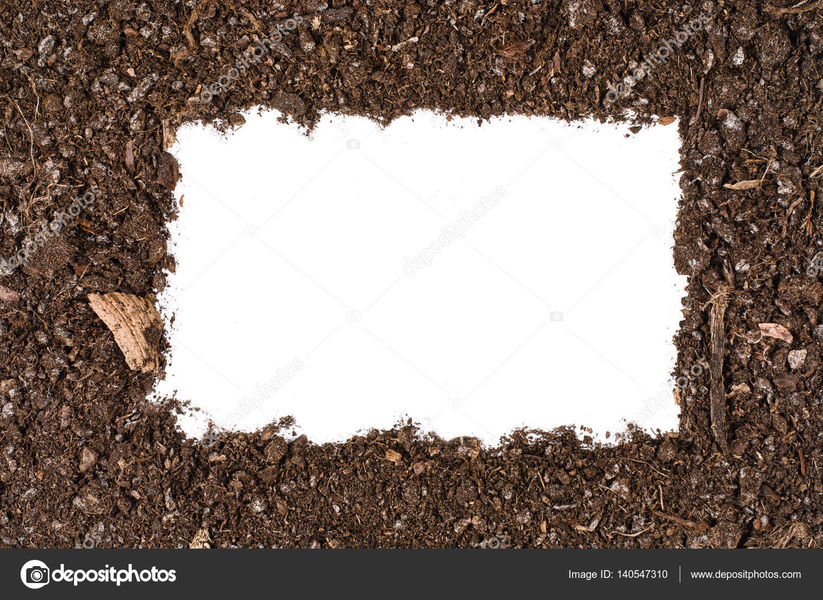 Garden soil texture frame background top view isolated on white — Stock ...