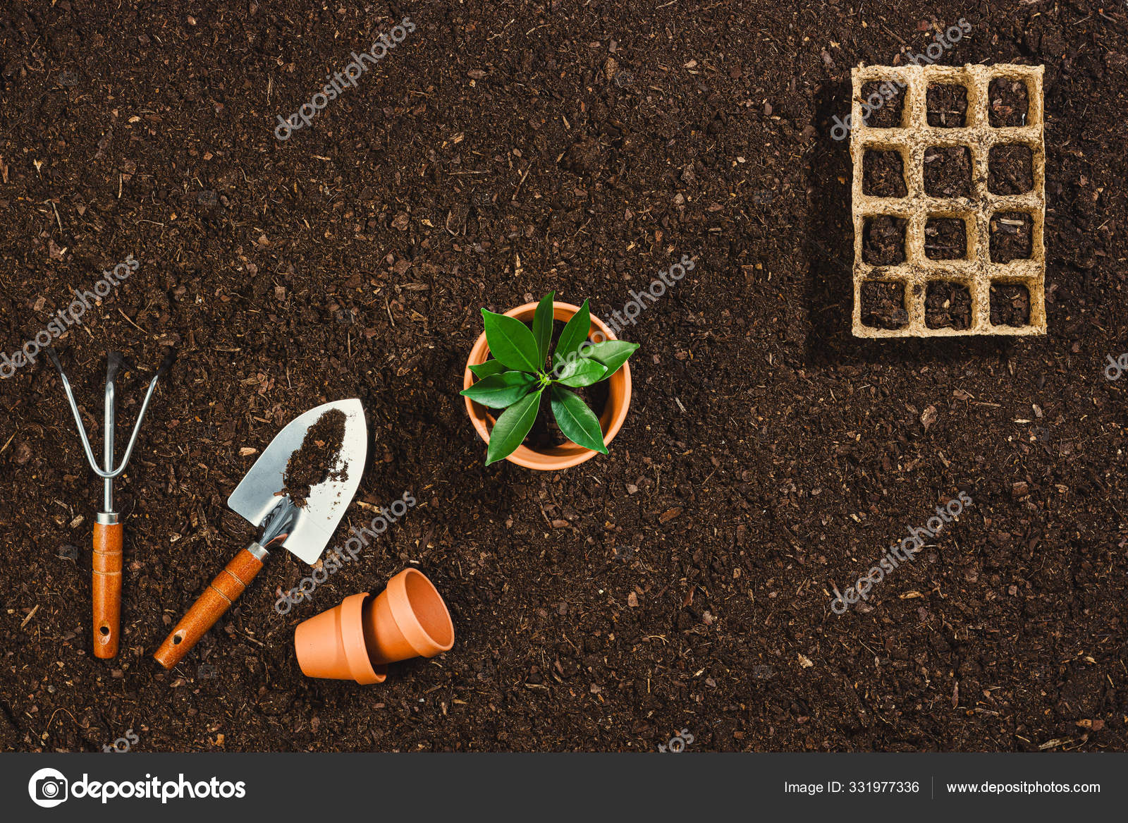 Gardening tools on soil texture background top view. Stock Photo by ...