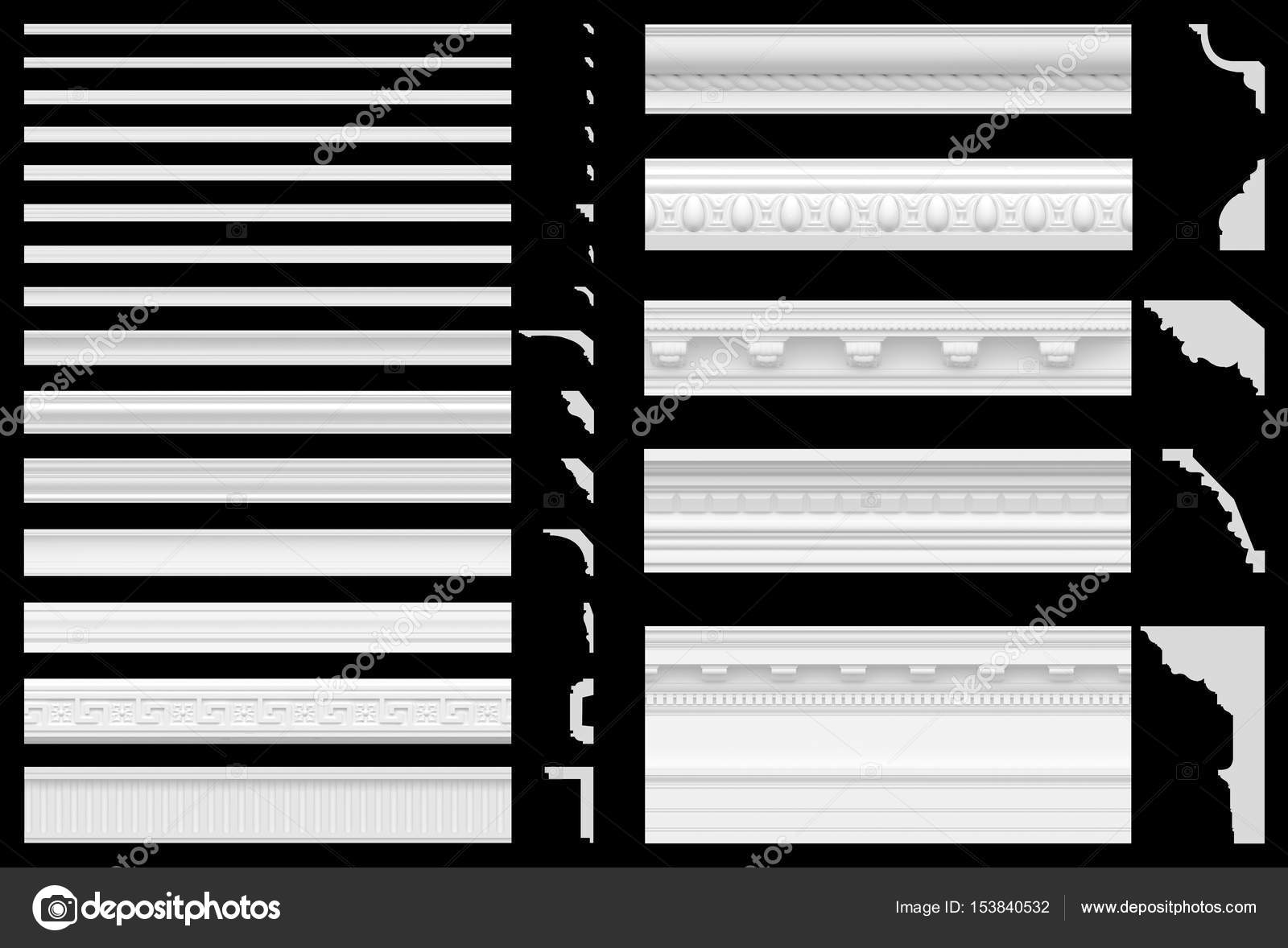 A set of cornices and friezes isolated on a black background. 3D ...