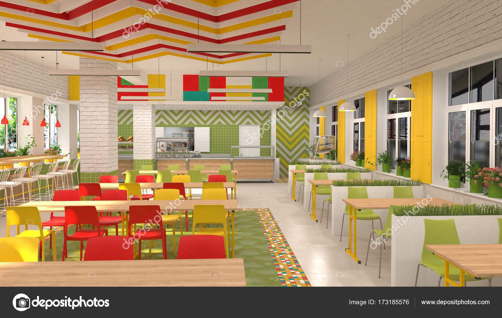 Interieur van de school children's kantine. 3D visualisatie van eetzaal ...