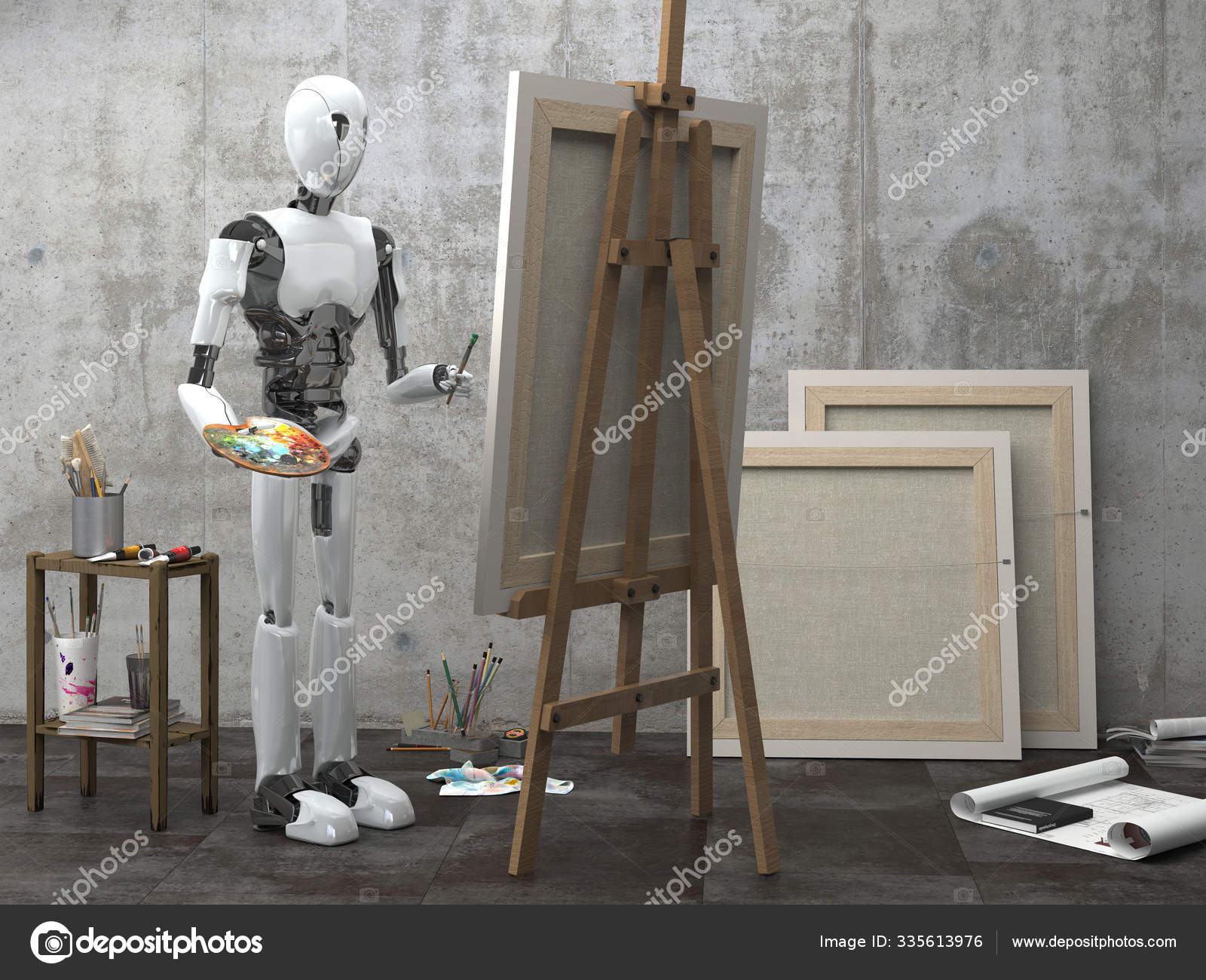 A humanoid robot artist paints a picture in an art workshop. Future ...