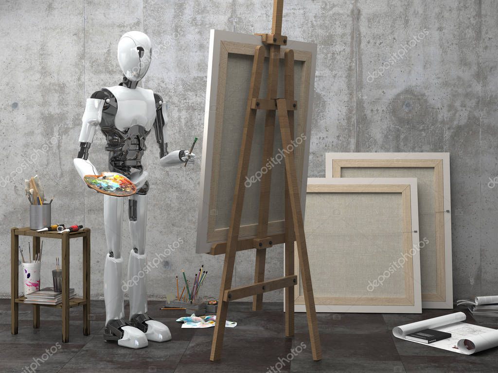 Un artista robot humanoide pinta un cuadro en un taller de arte ...