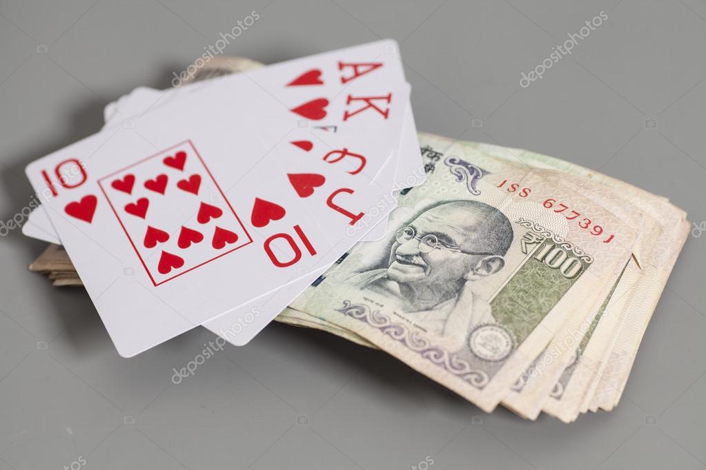 Royal Flush Playing Cards and Indian Currency Rupee bank notes — Stock ...