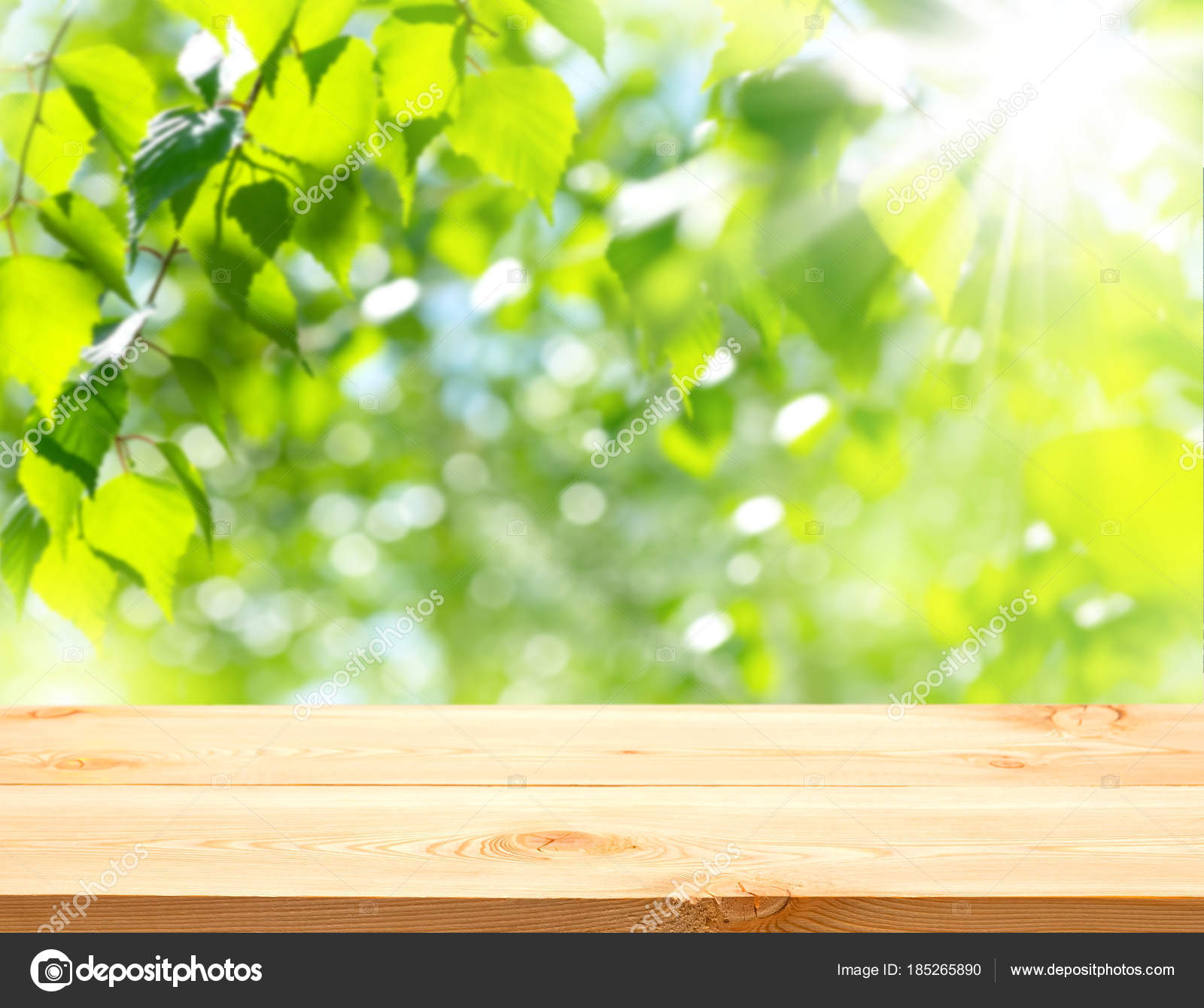 Empty Wooden Table Background Spring Bright Foliage — Stock Photo ...